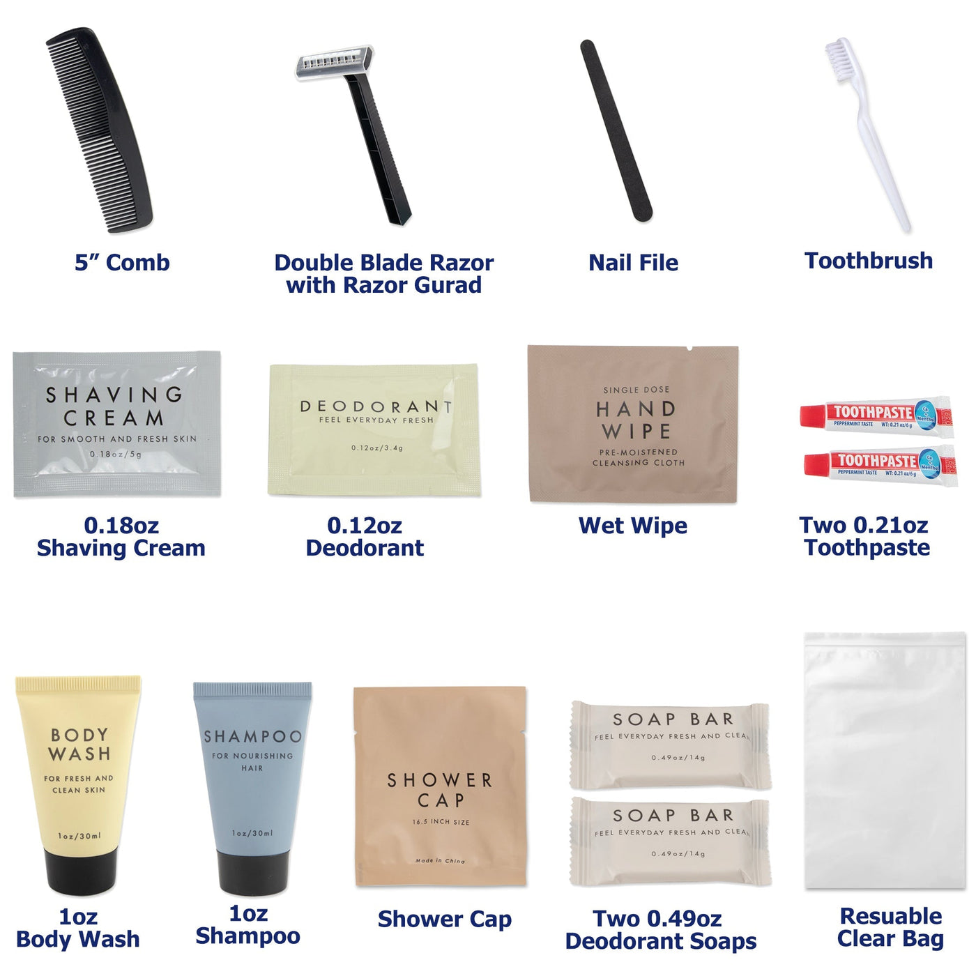 50-pack Bulk Classic 15-Piece Travel Hygiene Kit — BagsInBulk.com