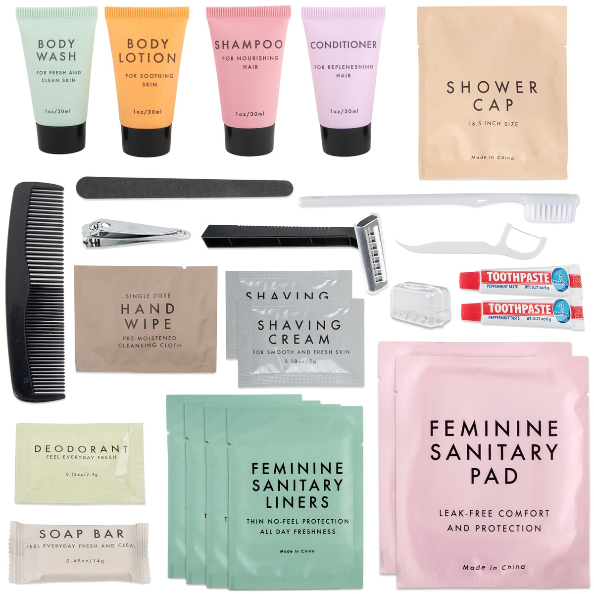 Bulk 50-pack Premium Essentials 25-pc Feminine Hygiene Kit — BagsInBulk.com